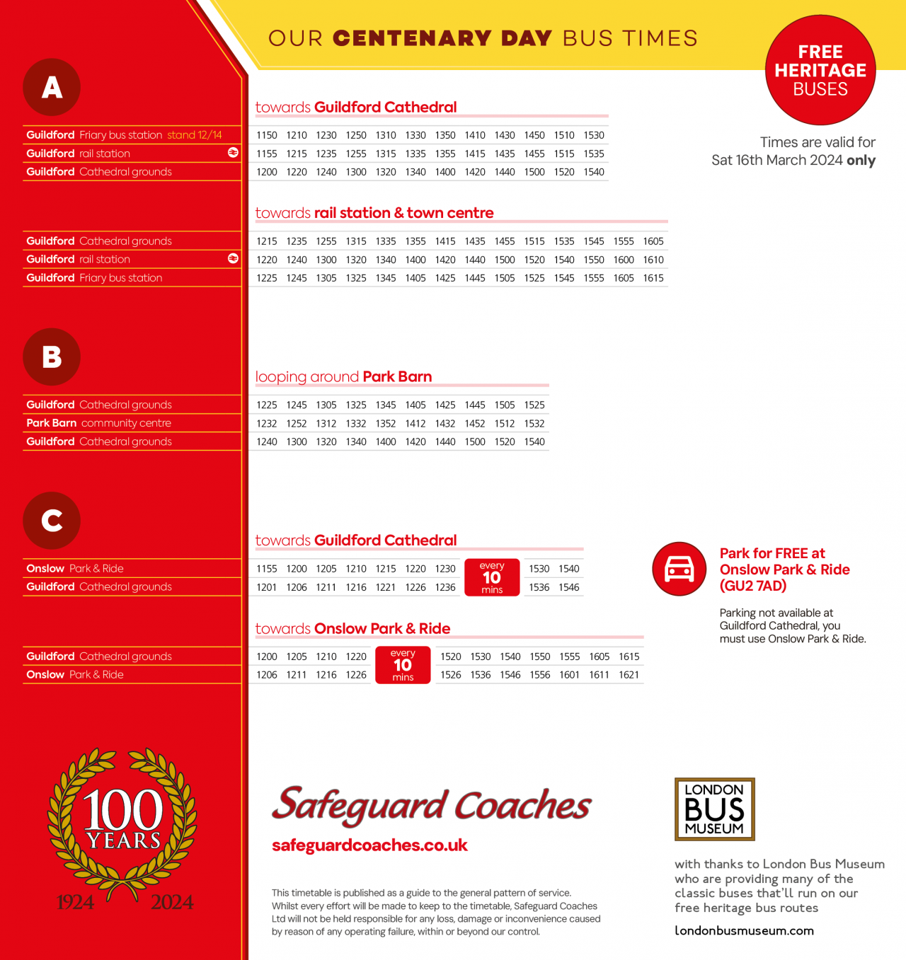 Centenary Day Heritage Bus Timetable - Safeguard Coaches